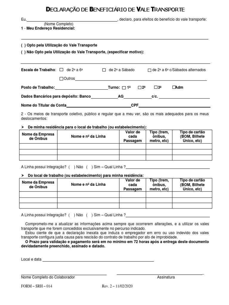 FORM-SRH-014 Solicitação Vale Transporte | PDF