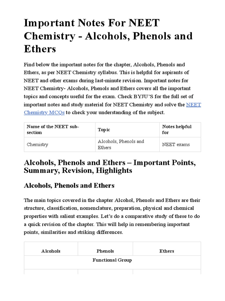 Alcohols, Phenols and Ethers - Important Notes For NEET Chemistry | PDF ...