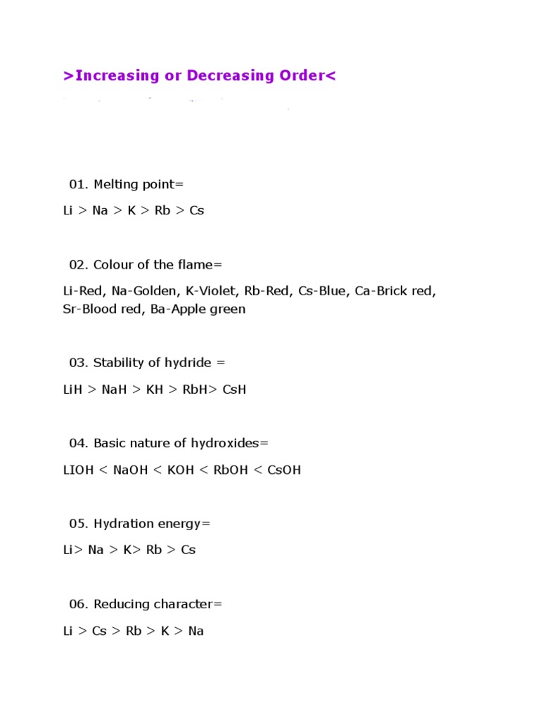 Increasing and Decreasing Order | PDF | Chlorine | Ionic Bonding
