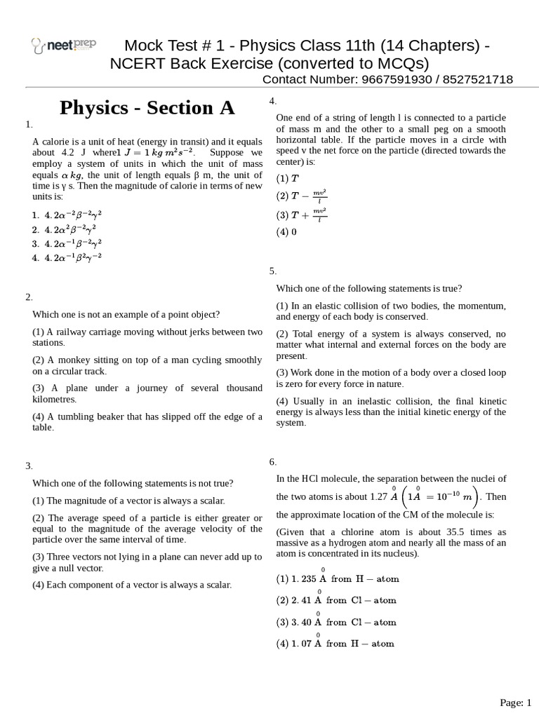 Physics - Section A: Mock Test # 1 - Physics Class 11Th (14 Chapters ...
