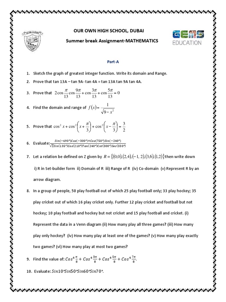 Summer Assignments - Grade 11 Math | PDF | Function (Mathematics ...