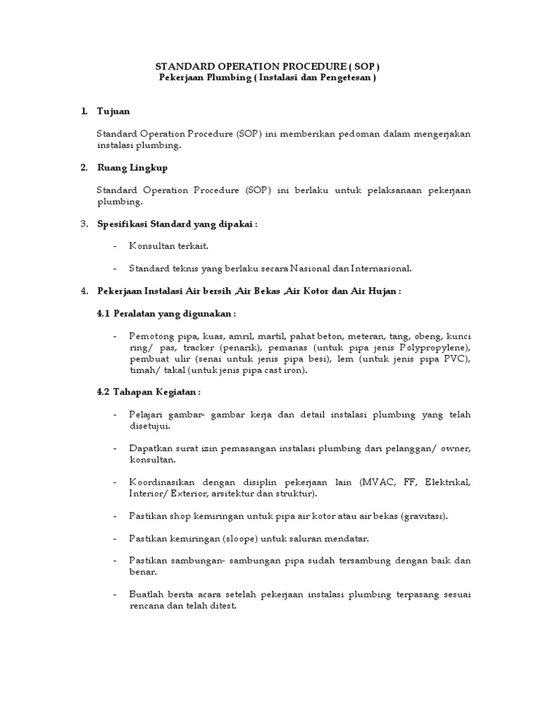 STANDARDIZED OPERATING PROCEDURES (SOP) FOR PLUMBING INSTALLATION AND ...