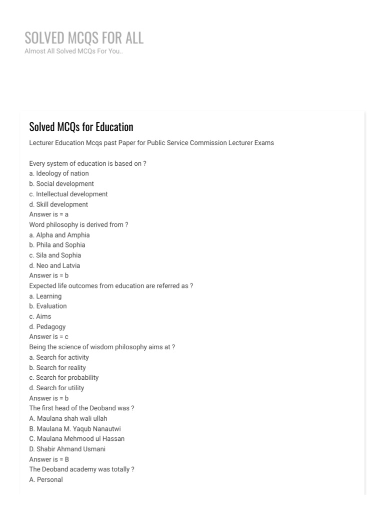 Solved MCQs for Education Exams | PDF | Curriculum | Evaluation