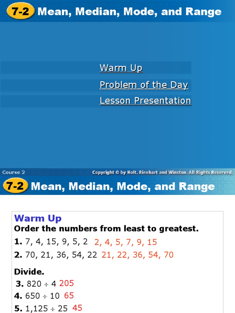 Warm Up Problem of The Day Lesson Presentation | PDF | Mean | Mode ...