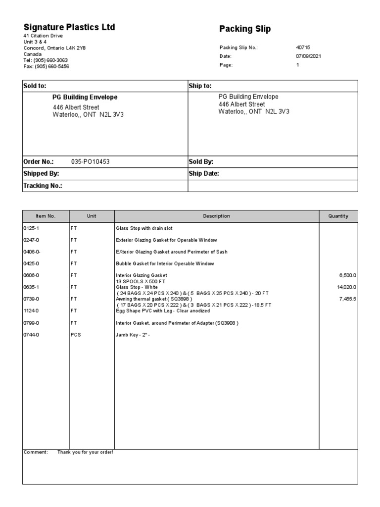 Packing Slip for Shipment from Signature Plastics Ltd to PG Building ...