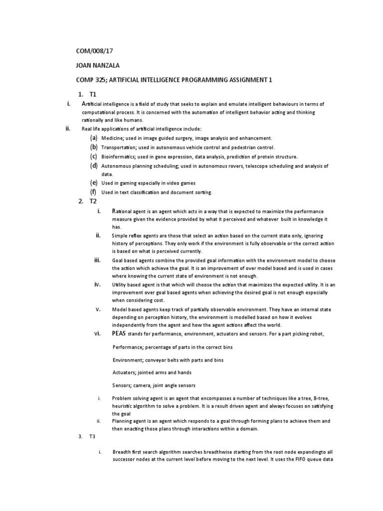 COM/008/17 Joan Nanzala Comp 325 Artificial Intelligence Programming Assignment 1 1. T1 I. A ...