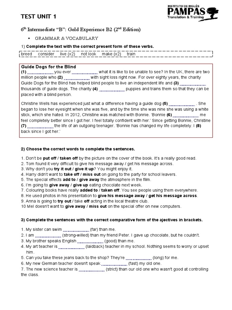 Test Unit 1: 6 Intermediate "B": Gold Experience B2 (2 Edition) | PDF ...