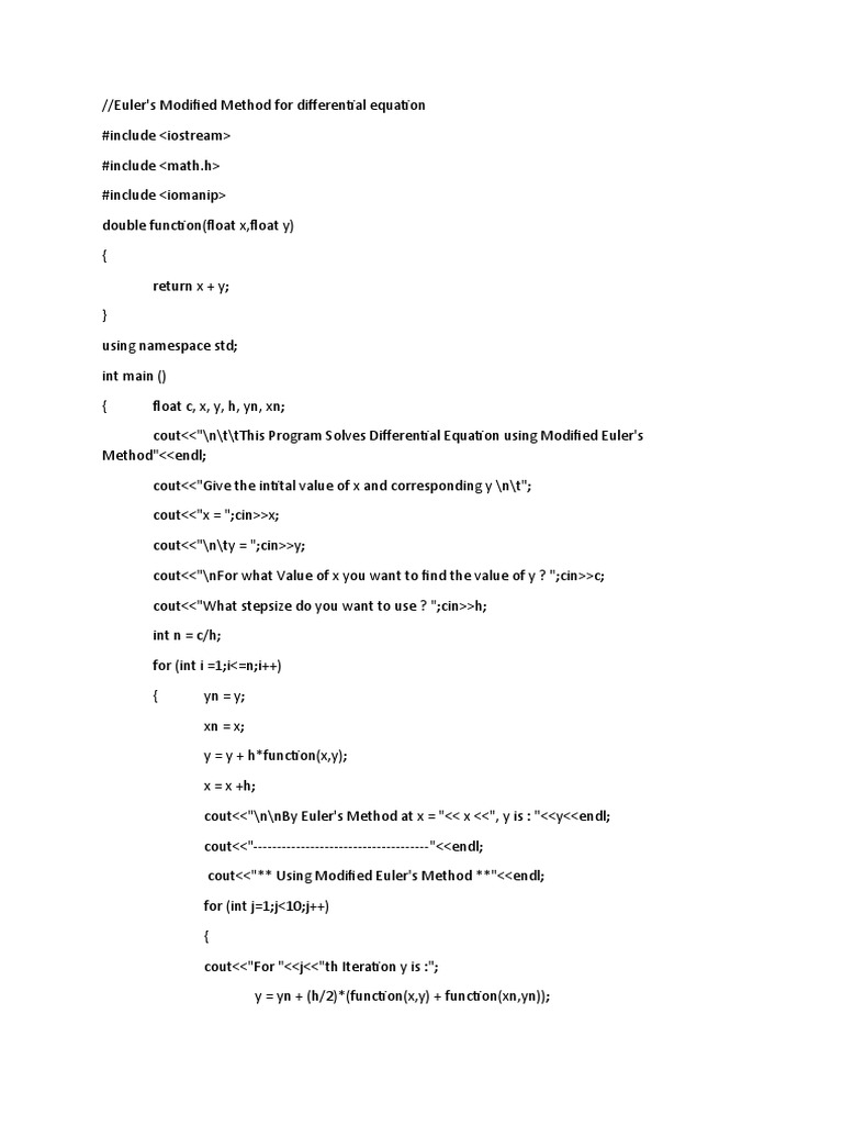 Euler Modified Method C++ | PDF Euler Modified Method C++ | PDF