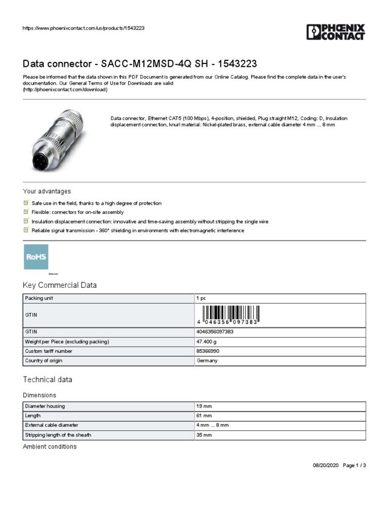 Data Connector - SACC-M12MSD-4Q SH - 1543223 | PDF | Electrical ...