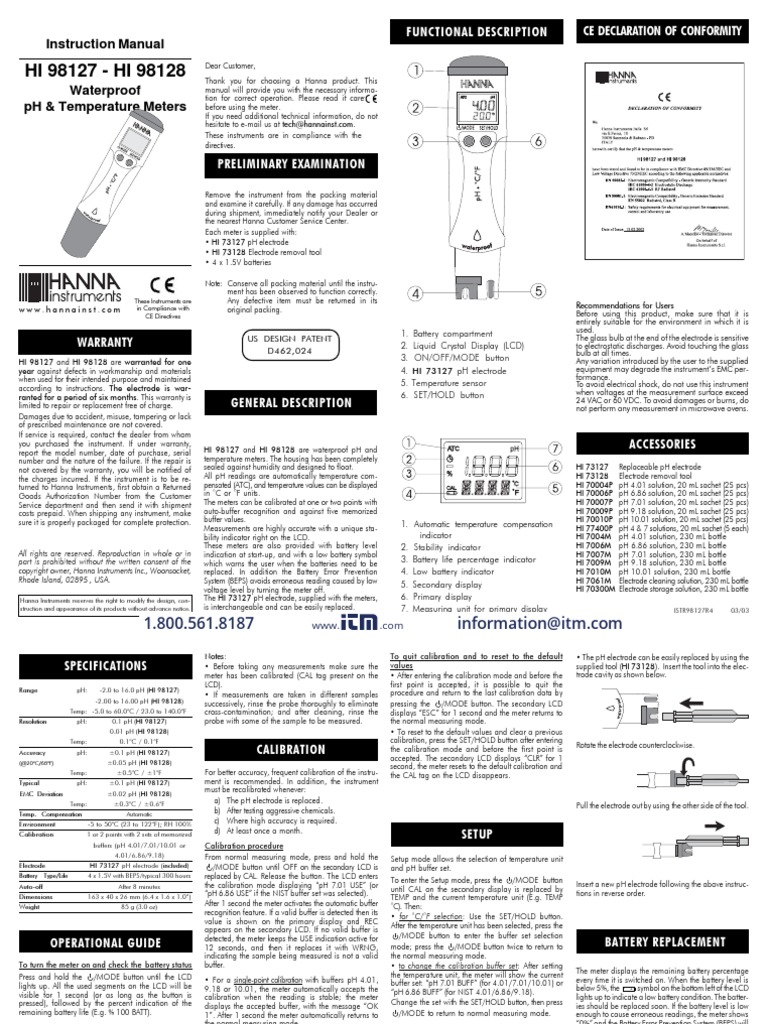 Hanna-Instruments Hi 98127 PH Electrode Datasheet | PDF | Ph | Calibration