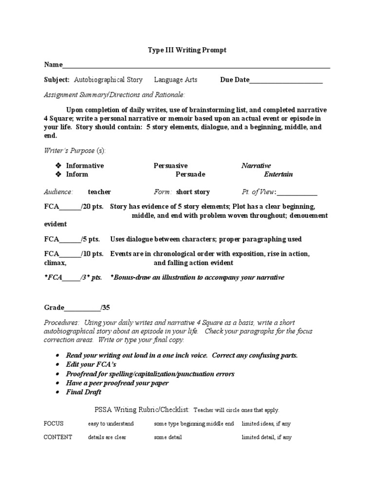 Autobiography Rubric Direction Sheet | PDF