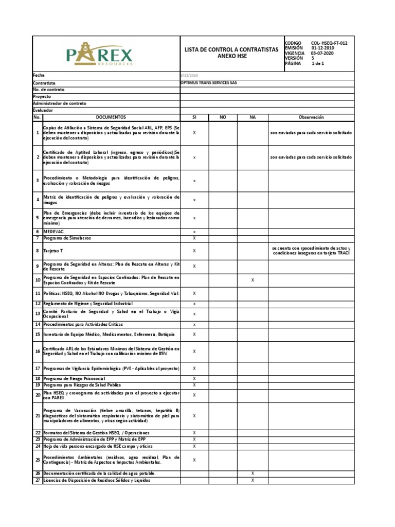 COL-HSEQ-FT-012 Lista de Control A Contratistas - ANEXO HSE | PDF | Ciencias de la Salud | Salud ...