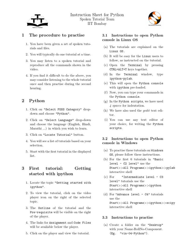 Instruction Sheet For Python: Spoken Tutorial Team IIT Bombay | PDF | Command Line Interface ...