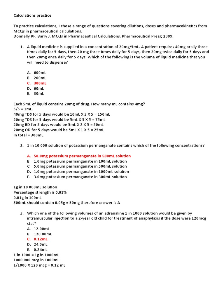 Calculations Practice | PDF | Dose (Biochemistry) | Chemistry