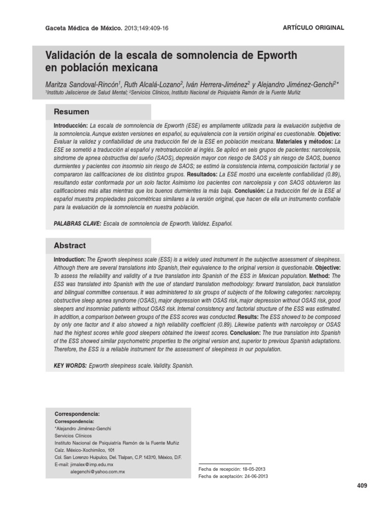 Validacion de La Escala de Somnolencia Epworth en Población Mexicana ...