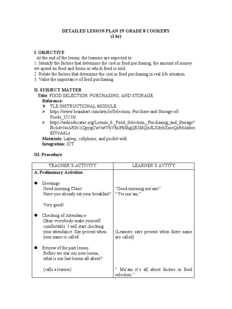 Detailed Lesson Plan in Grade 8 Cookery 2 | PDF | Foods | Prices