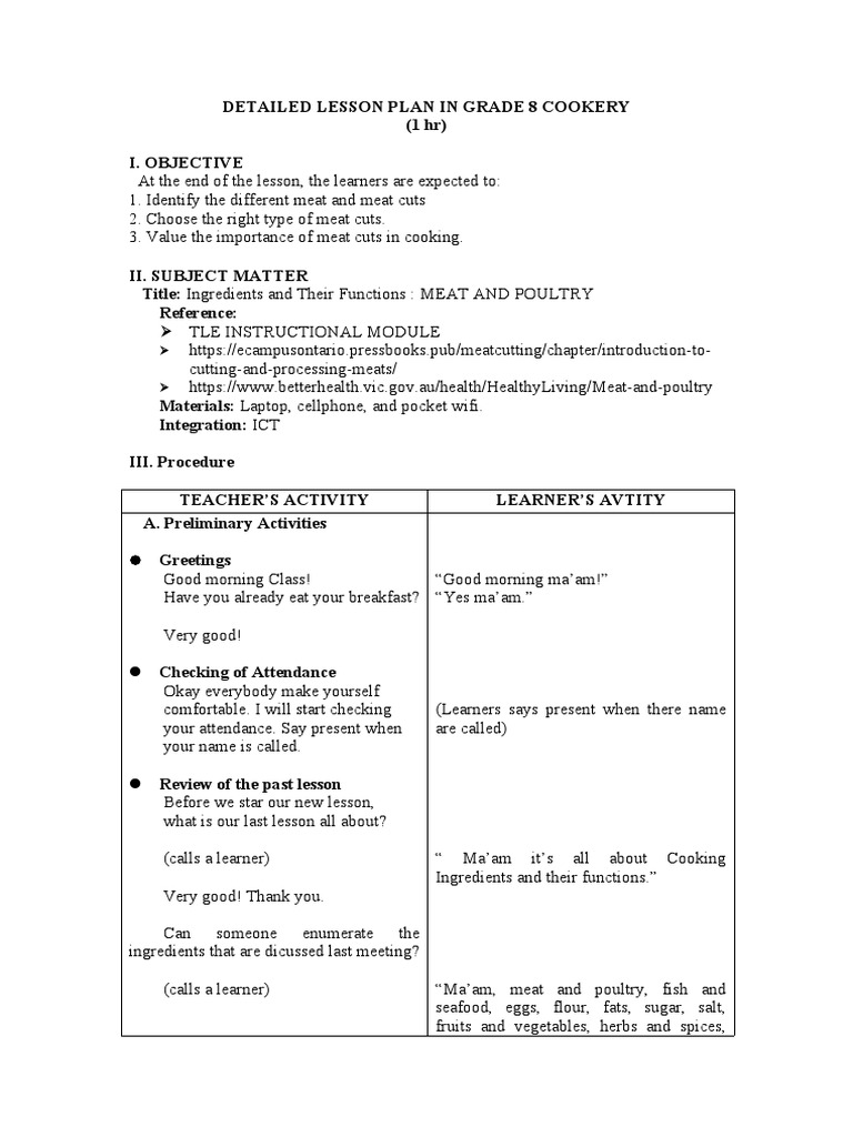 Detailed Lesson Plan in Grade 8 Cookery 3 | PDF | Steak | Meat