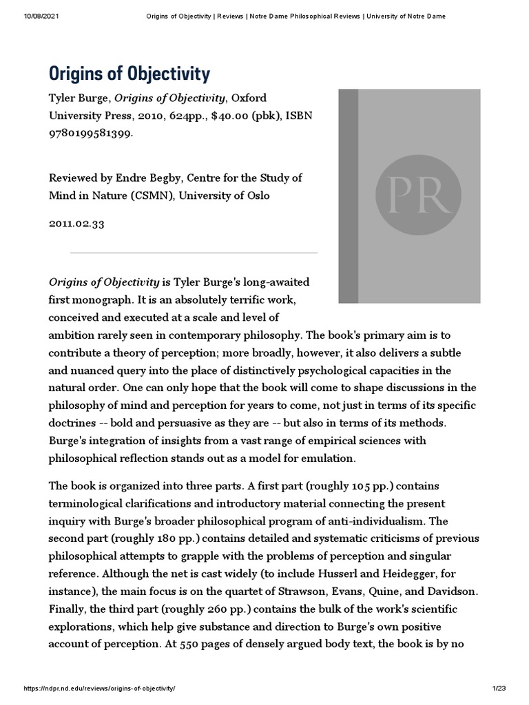 Review of Tyler Burge's Monograph 'Origins of Objectivity' and its ...