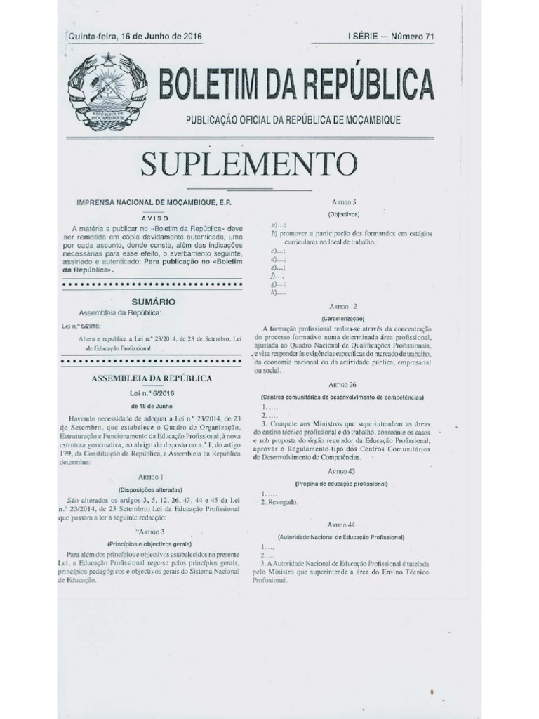 Lei Da Educacao Profissional 6 2016 de 16 de Junho | PDF