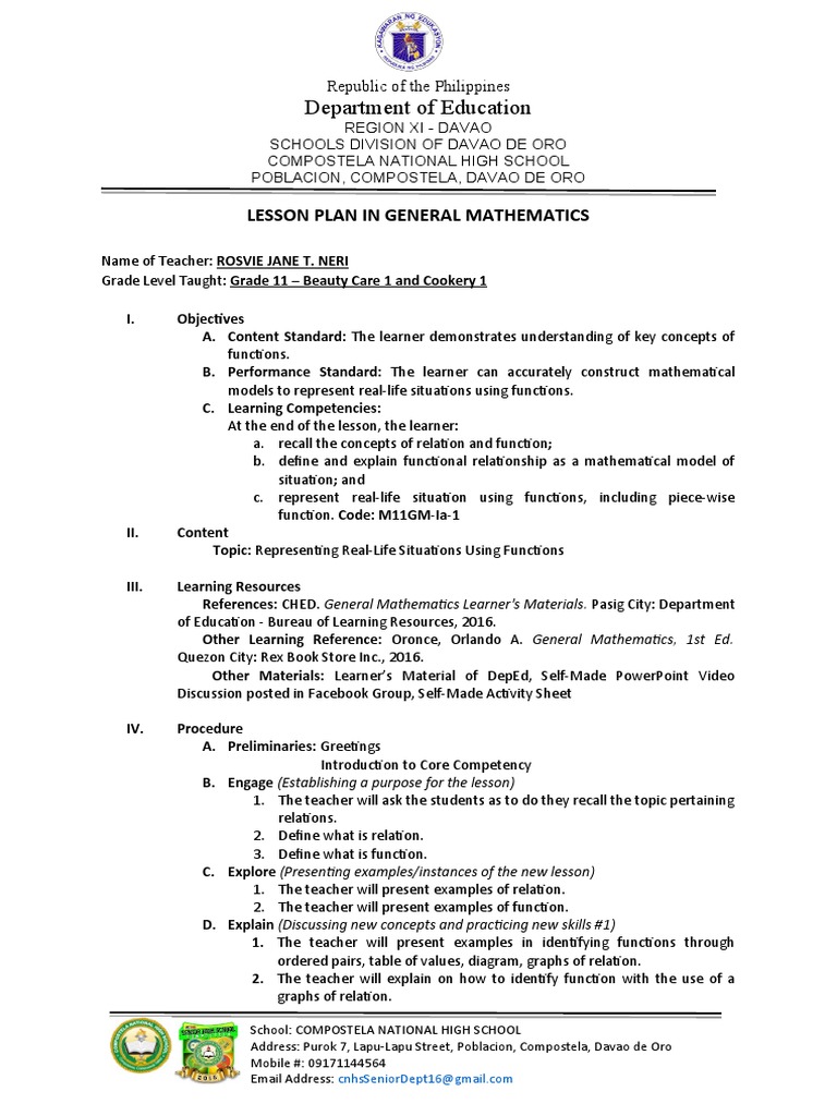 Department of Education: Lesson Plan in General Mathematics | PDF ...