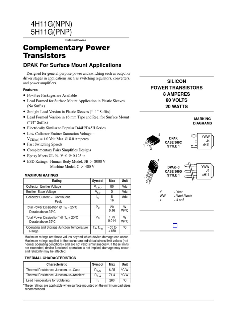 Complementary Power Transistors: 4H11G (NPN) 5H11G (PNP) | PDF ...