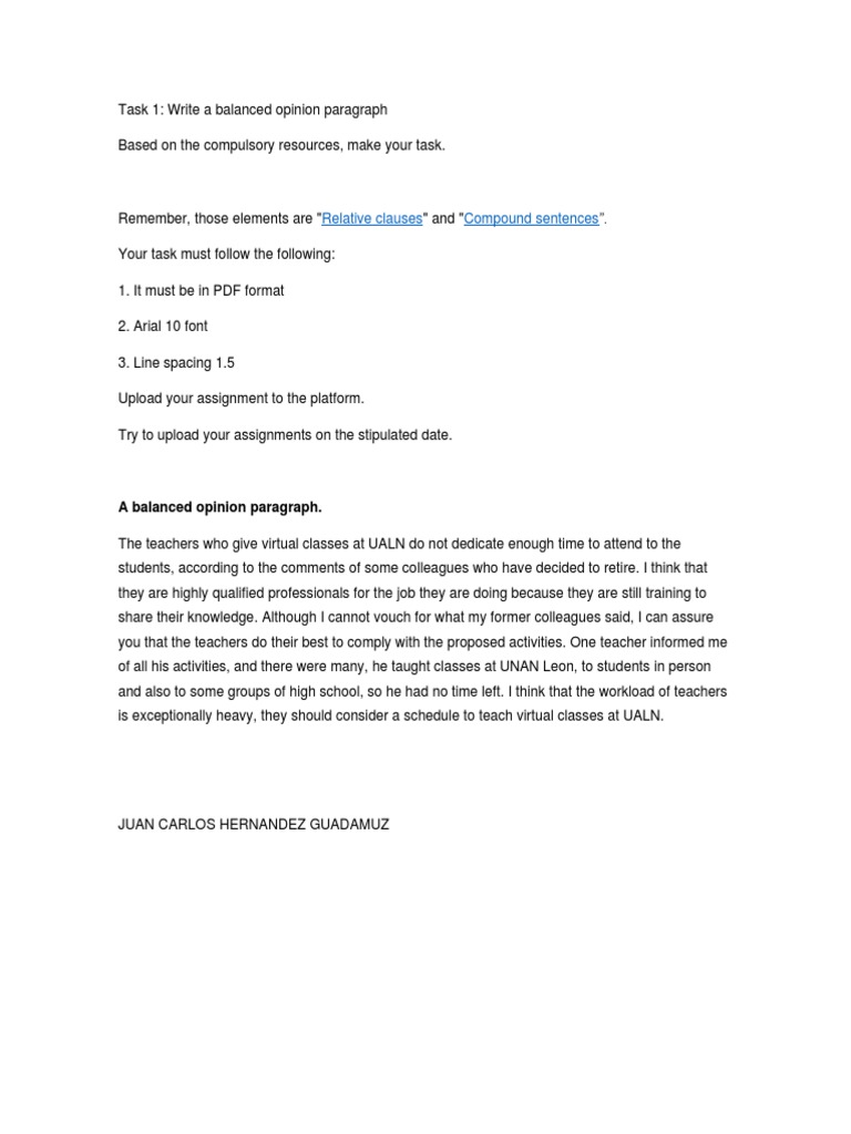 Task 1 - Write A Balanced Opinion Paragraph | PDF