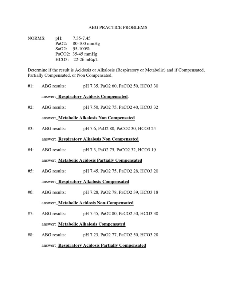 ABG PRACTICE Key | PDF | Respiration | Pulmonology
