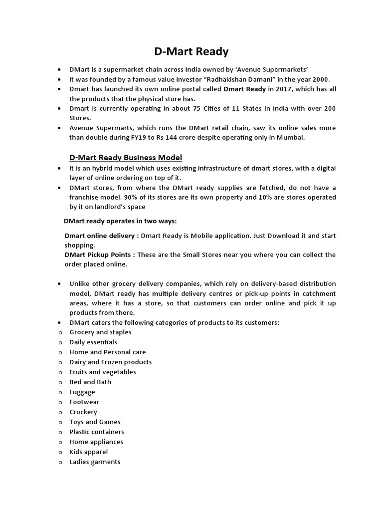D-Mart Ready Business Model | PDF | Grocery Store | Retail