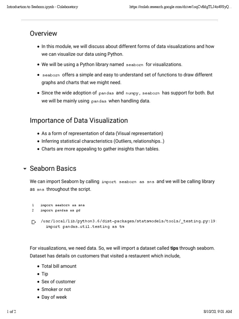 Seaborn Seaborn: 1 2 Import Seaborn As Sns Import Pandas As PD | PDF