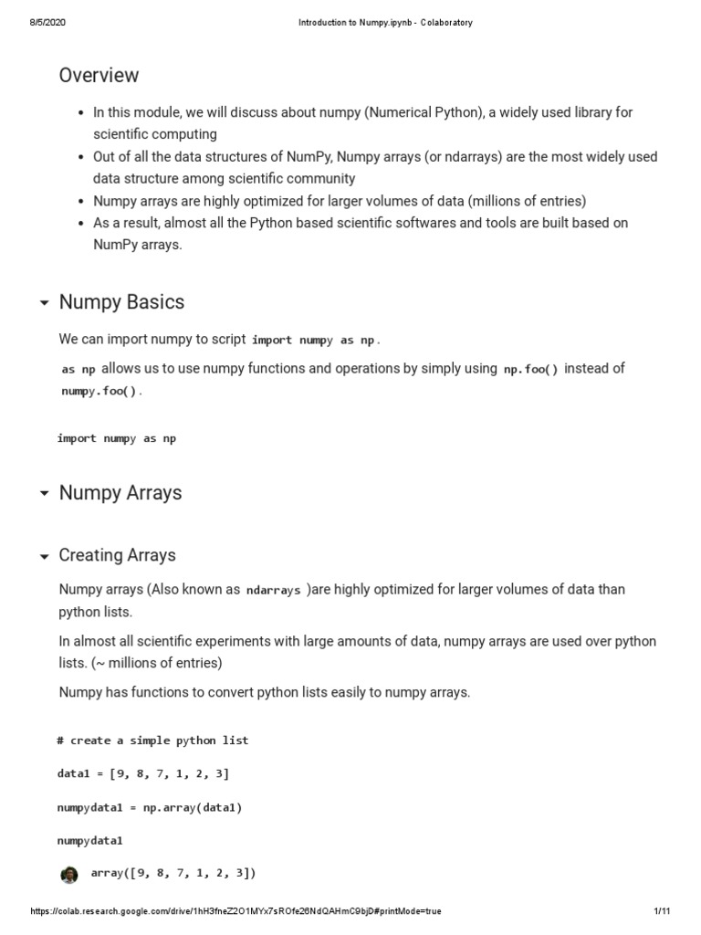 Introduction To Numpy - Ipynb - Colaboratory | PDF | Array Data Type | Computer Programming
