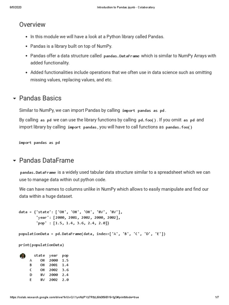 Introduction To Pandas - Ipynb - Colaboratory | PDF | Information Retrieval | Data Management