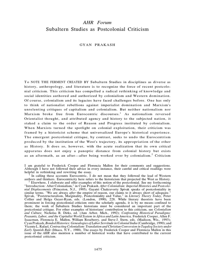 Subaltern Studies As Postcolonial Criticism | PDF | Postcolonialism ...