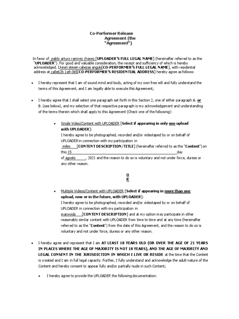 Co-Performer Release Agreement (The "Agreement") : With UPLOADER) | PDF ...
