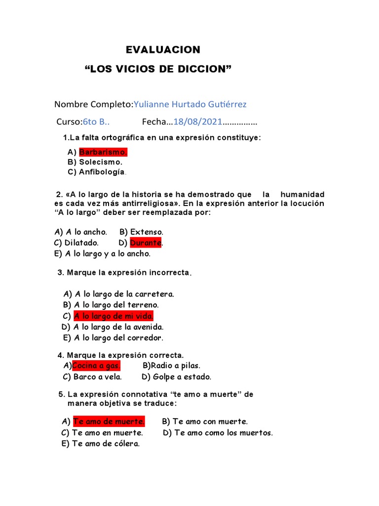 Evaluacion Los Vicios de Diccion.. | PDF