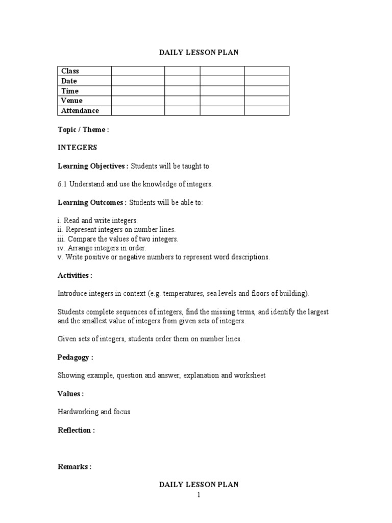 Daily Lesson Plan Class Date Time Venue Attendance Topic / Theme ...