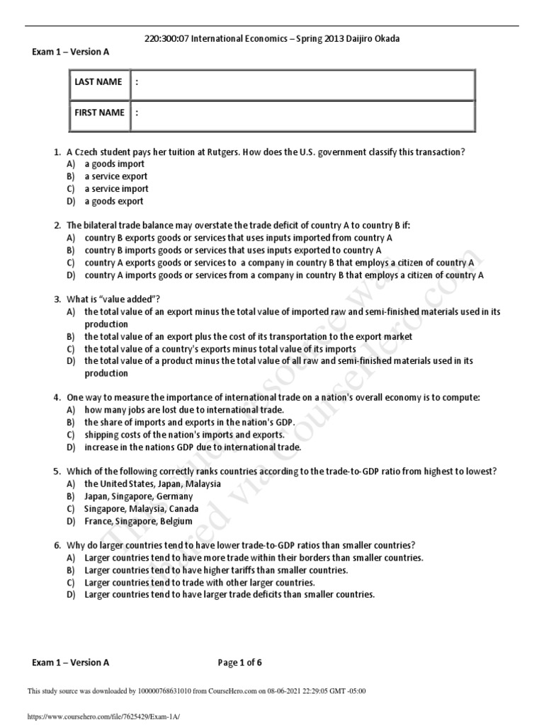 International Economics Exam 1 Questions | PDF | Labour Economics ...