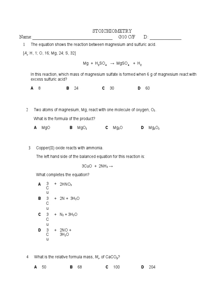 Stoichiometry (Multiple Choice) QP | PDF | Molecules | Magnesium
