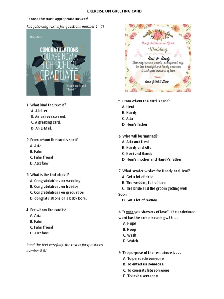 The Following Text Is For Questions Number 1 - 4!: Exercise On Greeting ...