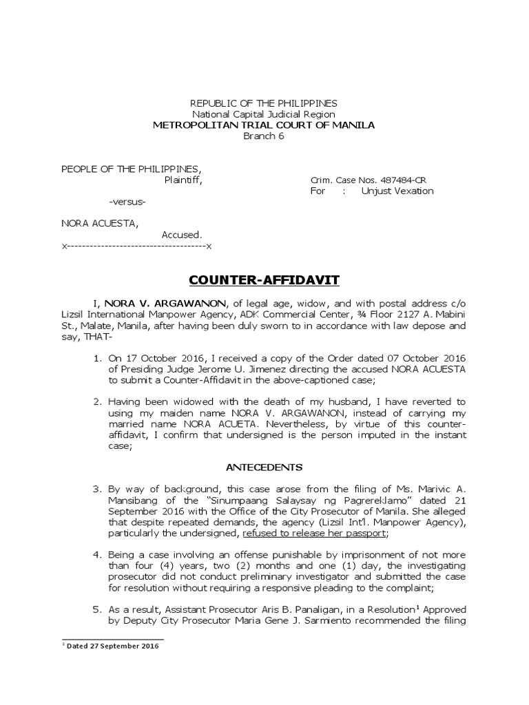 Counter-Affidavit: Metropolitan Trial Court of Manila | PDF | Prosecutor | Criminal Law