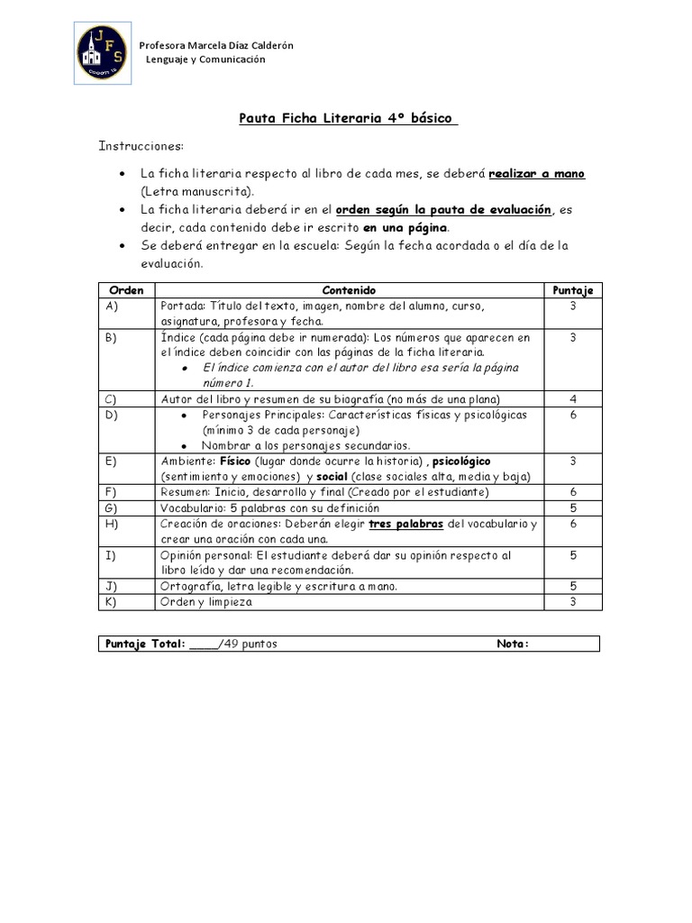 Ficha Literaria 4° Básico | PDF