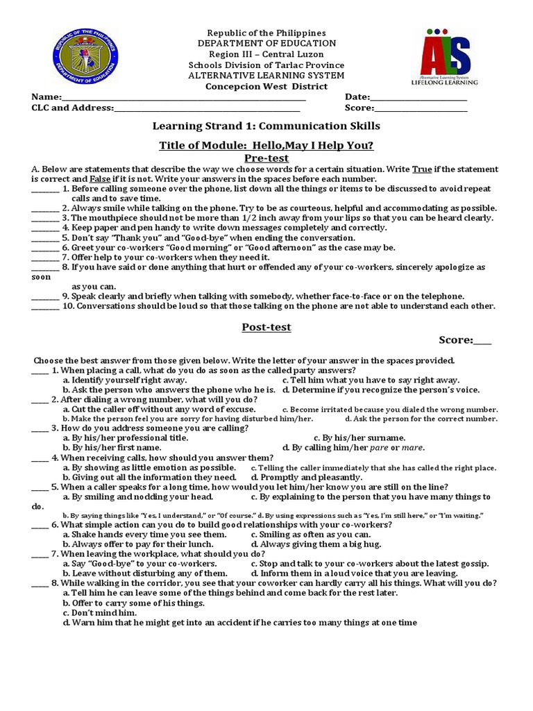 Learning Strand 1: Communication Skills Title of Module: Hello, May I ...