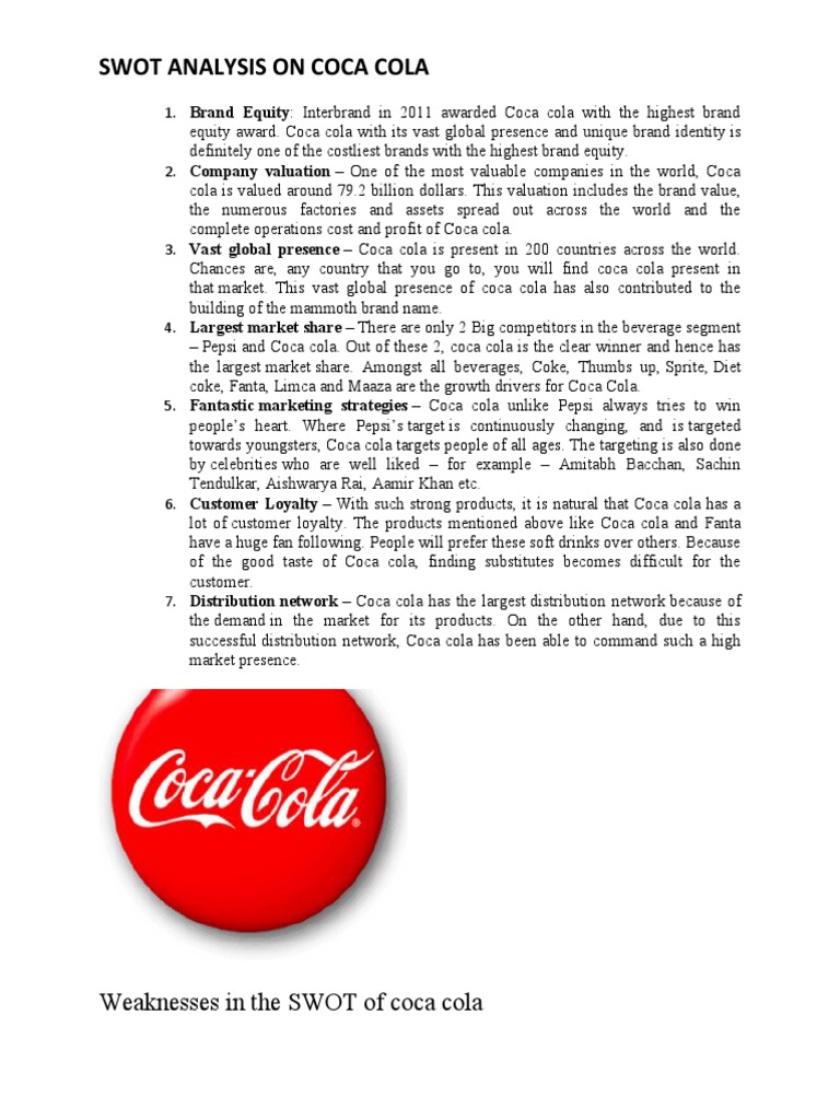 Swot Analysis On Coca Cola | PDF | Coca Cola | Pepsi Co