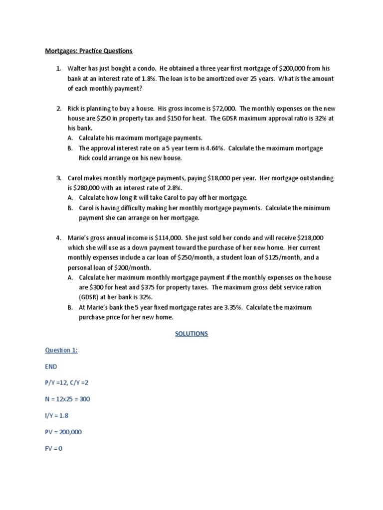 Mortgage Calculation Practice Questions | PDF | Mortgage Loan | Loans