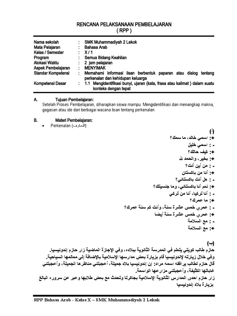 001-RPP Silabus B. Arab - 2-Bahasa Arab - RPP BHS Arab X Ganjil | PDF