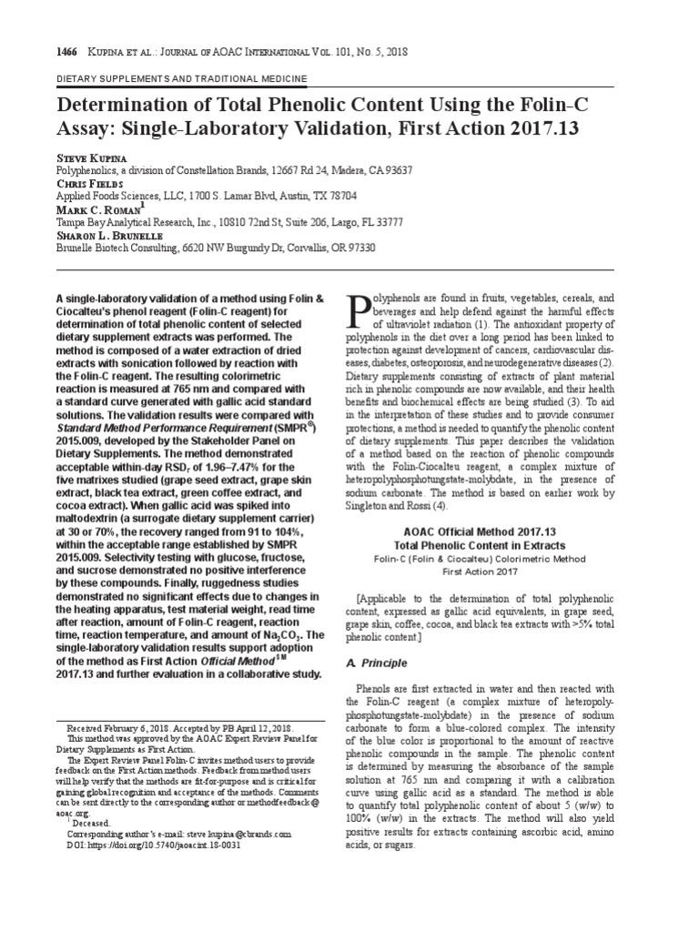 Determination of Total Phenolic Content Using The Folin-C Assay: Single-Laboratory Validation ...