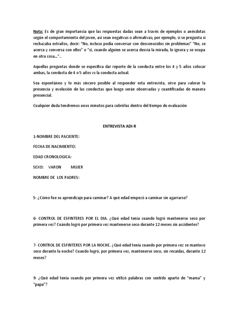 Adir - Entrevista para El Diagnostico Del Autismo Revisada | PDF ...