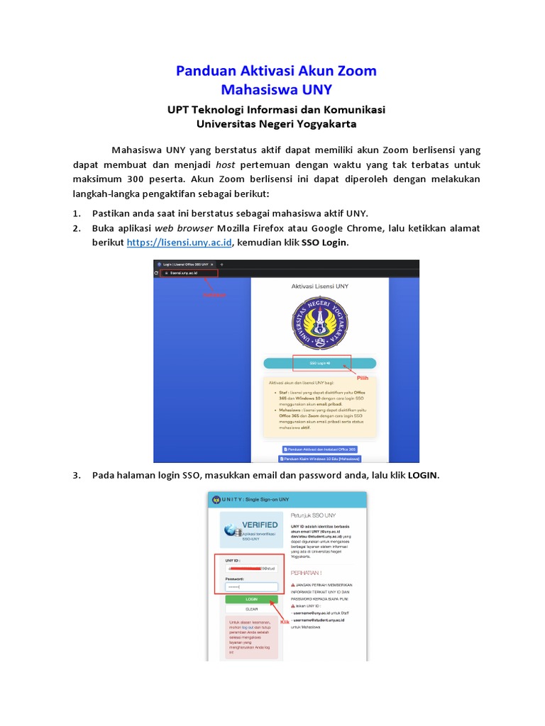 Panduan Aktivasi Lisensi Zoom Mahasiswa UNY | PDF