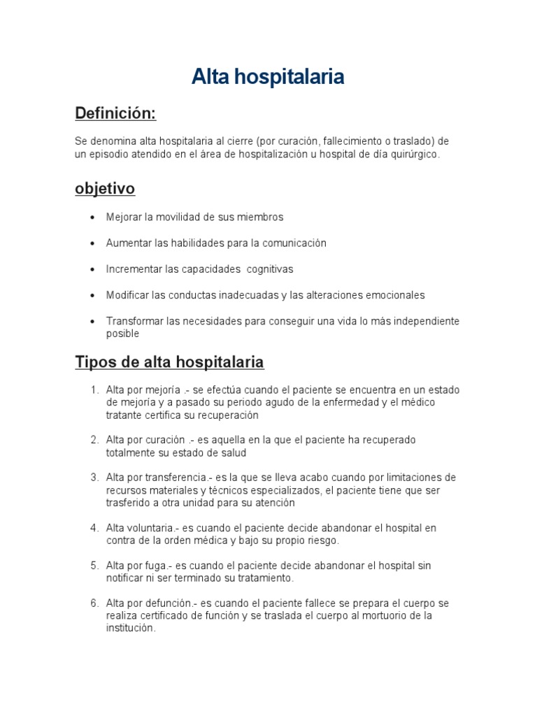 Tipos y Proceso de Alta Hospitalaria | PDF | Hospital | Especialidades ...