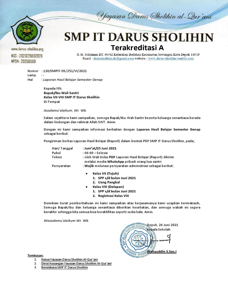 Surat Edaran Pengambilan Rapot | PDF