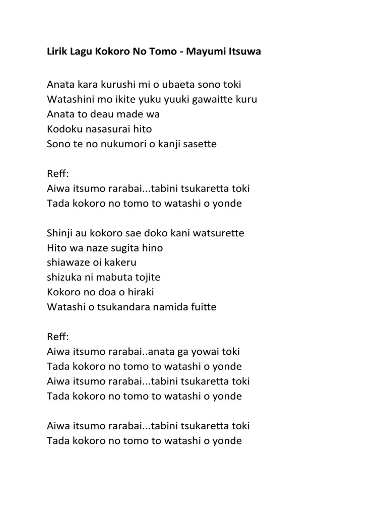 Lirik Lagu Kokoro No Tomo | PDF